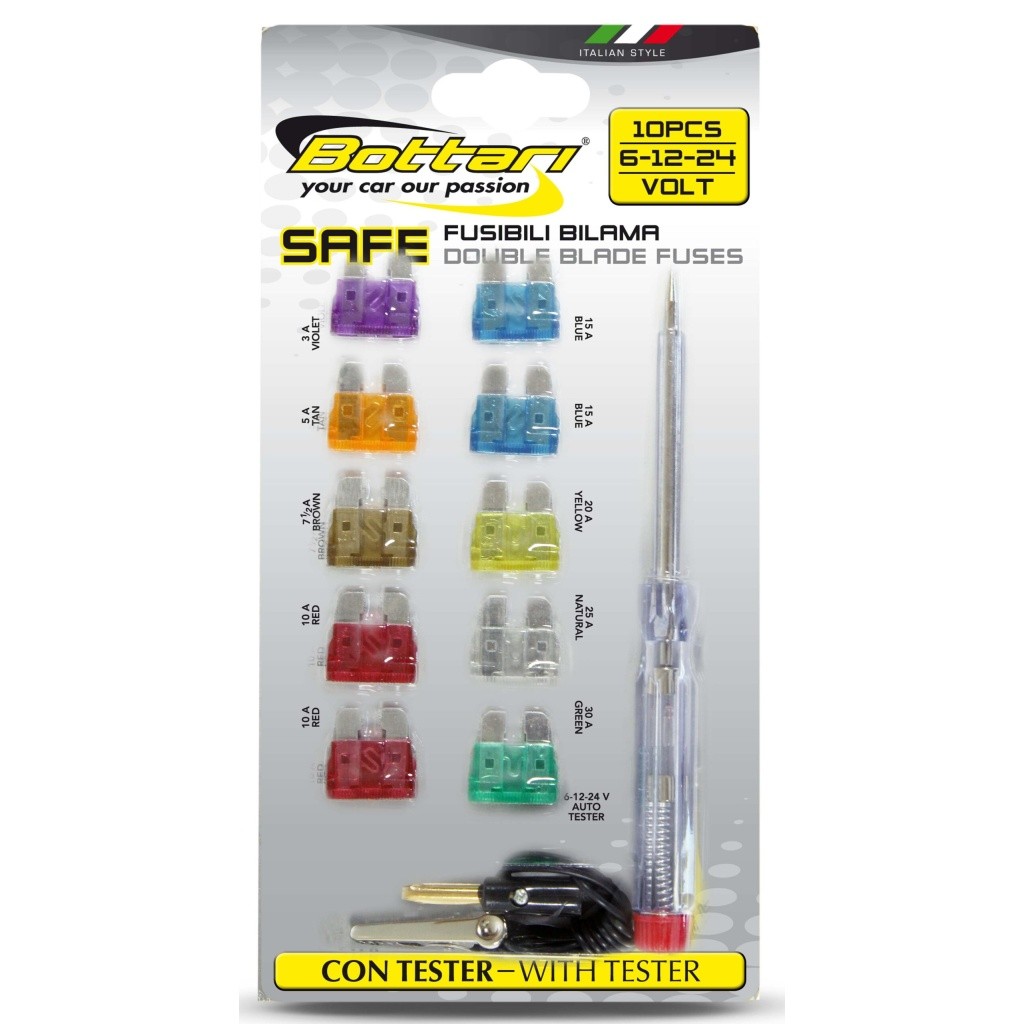 KIT OF 10 PCS DOUBLE BLADE FUSES AND TESTER "SAFE" | B30121 - savsauto.lv